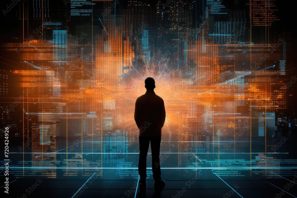 Back view of businessman looking at abstract digital business hologram ...