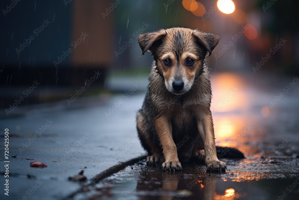 Puppy in the rain on a rainy day. Cute puppy, Stray homeless dog, Sad abandoned hungry puppy ...