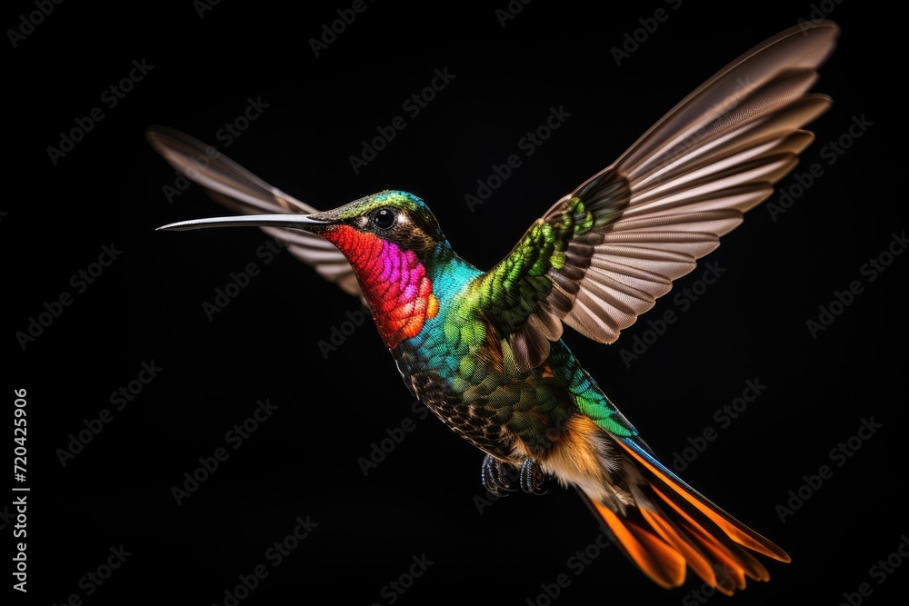 A vibrant hummingbird flies gracefully through the air, displaying its ...