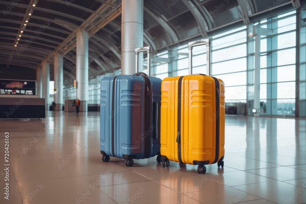 Two suitcases are placed neatly on a tiled floor, creating a sense of ...