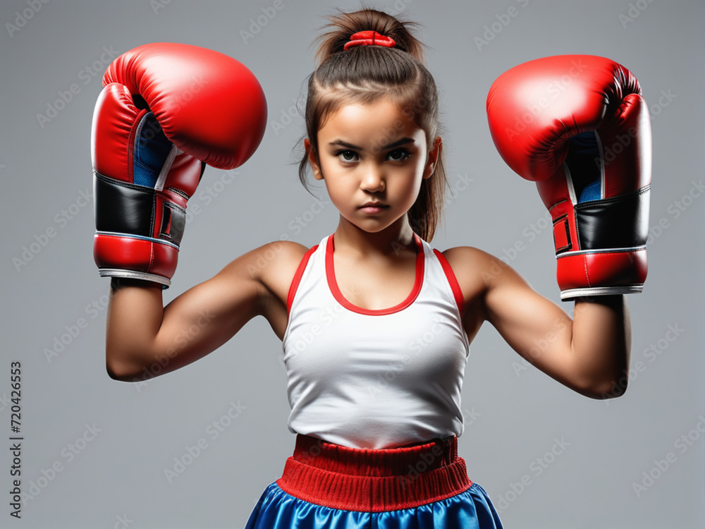 Strong young girl wearing red boxing gloves standing ready to fight on ...