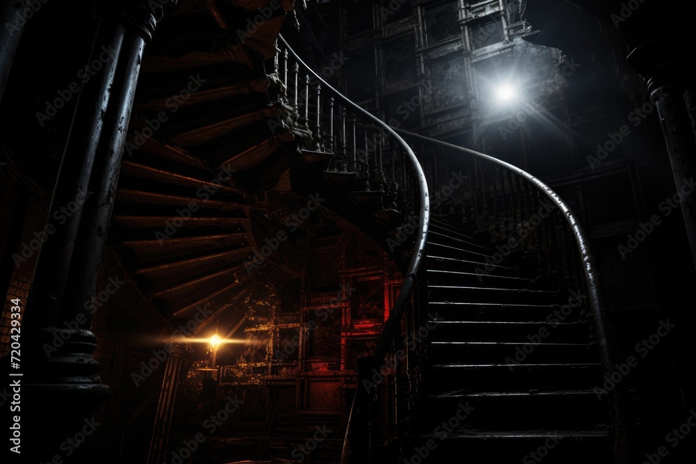 Staircase in a dark room at night with lights and smoke, Spiral ...
