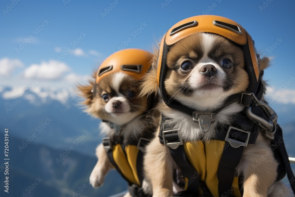 Two small dogs donning helmets as they conquer the peak of a majestic ...
