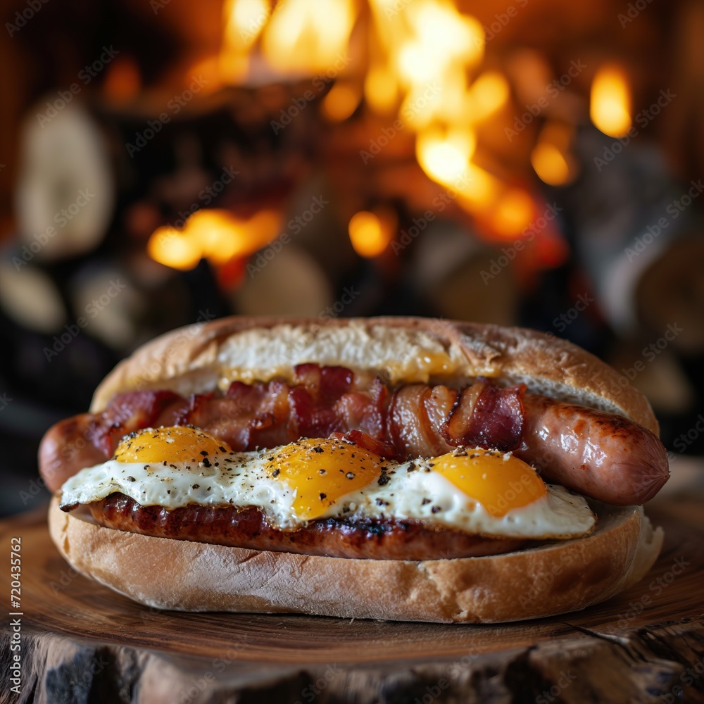 grilled sausage hotdog with crispy bacon and eggs served infront of the ...