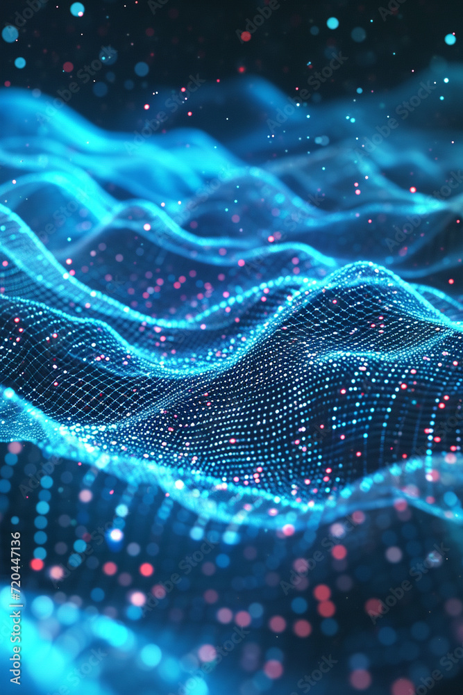 A three-dimensional digital landscape, depicting a futuristic network ...