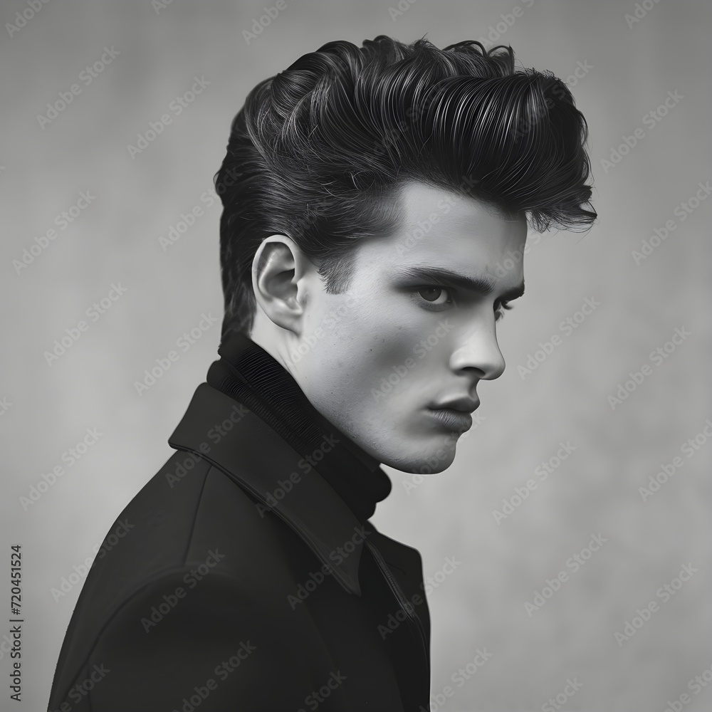 Man with pompadour hairstyle, Black and white portrait of male a model ...