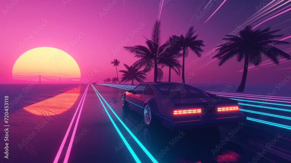 Retro Synthwave 3D landscape with palms. VJ visuals in vibrant hues ...