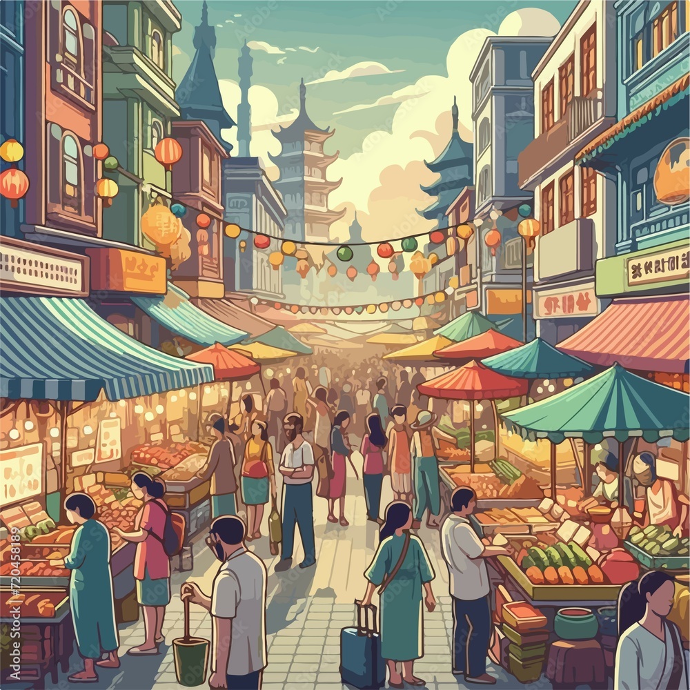 people in the city , An animated street market bustling with vibrant ...