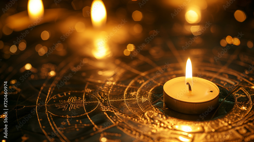 A celestial map with zodiac signs and constellations, illuminated by ...