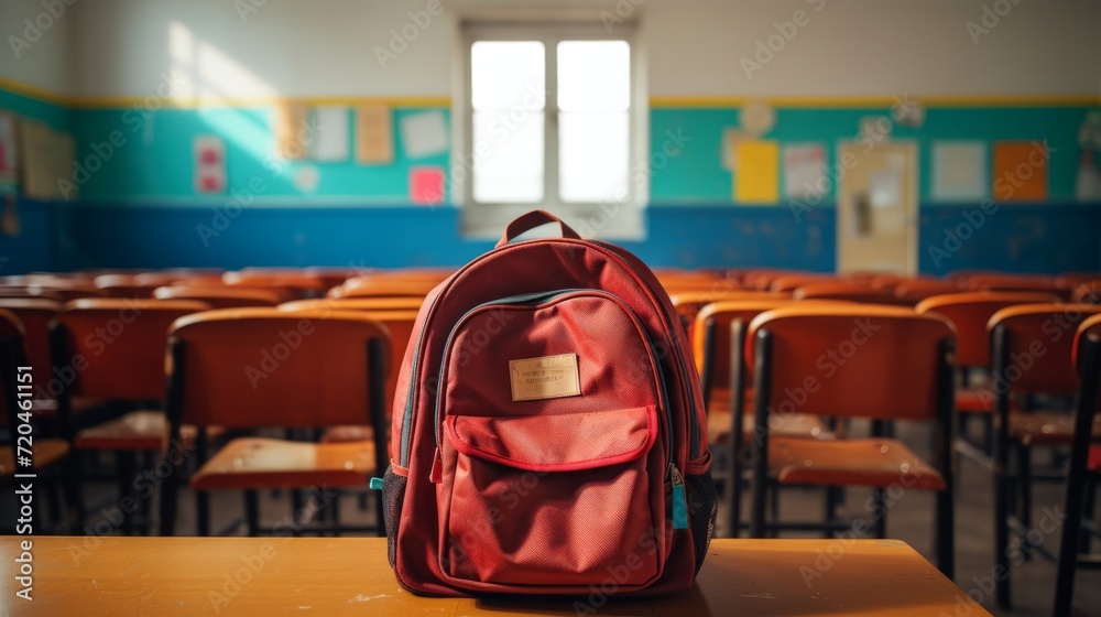 Organized desk with backpack in a classroom setting – back to school ...