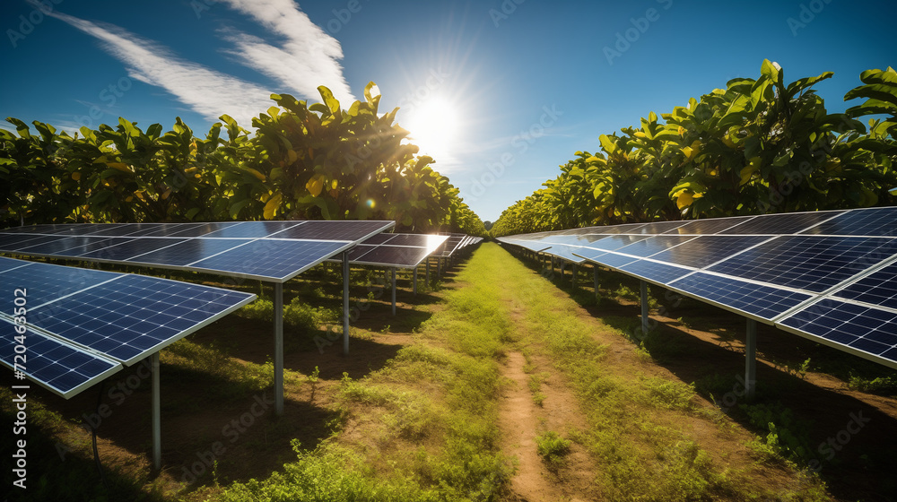 solar panels in a agriculture plantation on a farm with morning ...