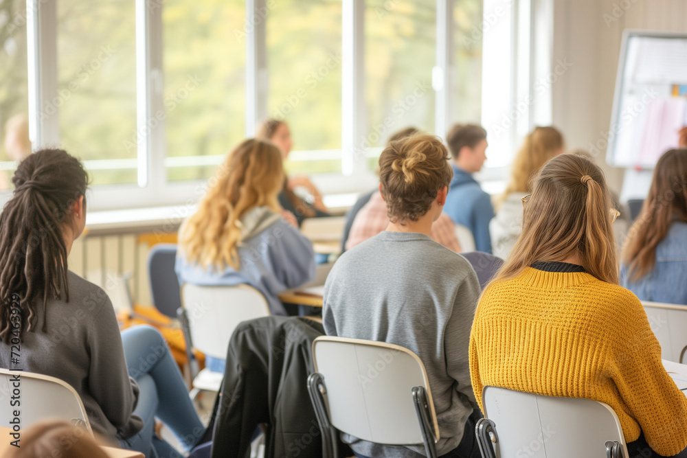 High school students focused in class, attentive teenagers listening to ...