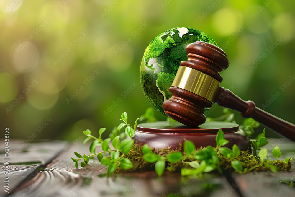 Gavel and green eco Earth globe, international law and green energy concept, sustainable ...