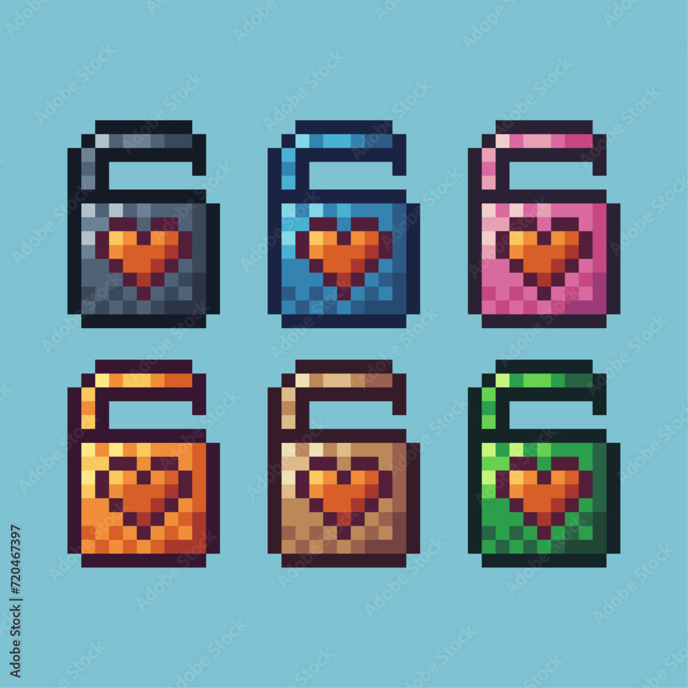 Pixel art sets icon of love padlock with variation color. love padlock icon on pixelated style ...