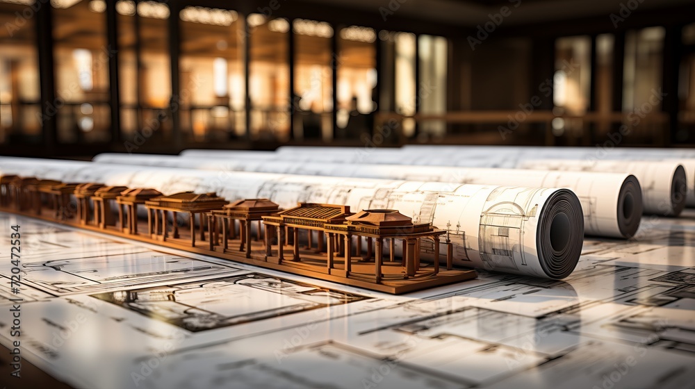 Architectural blueprint on paper roll - detailed building project ...