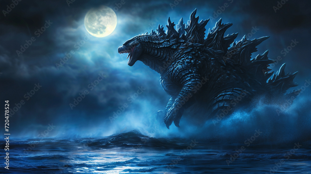 Under the illuminating glow of a full moon, the monstrous Godzilla ...