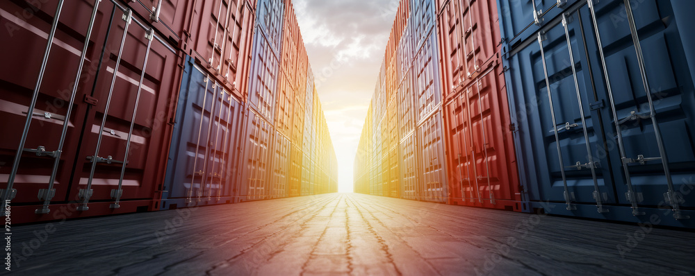 Stacked cargo containers in the storage area of freight sea port ...