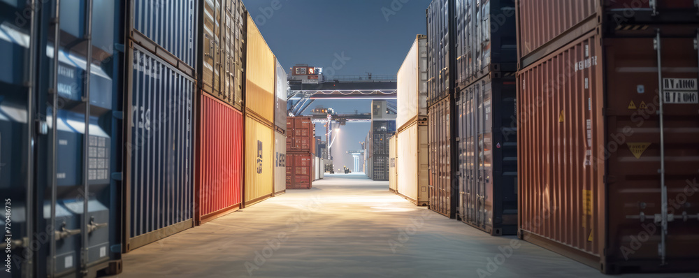 Stacked cargo containers in the storage area of freight sea port ...