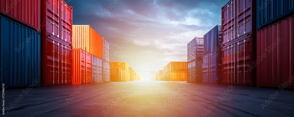 Stacked cargo containers in the storage area of freight sea port ...