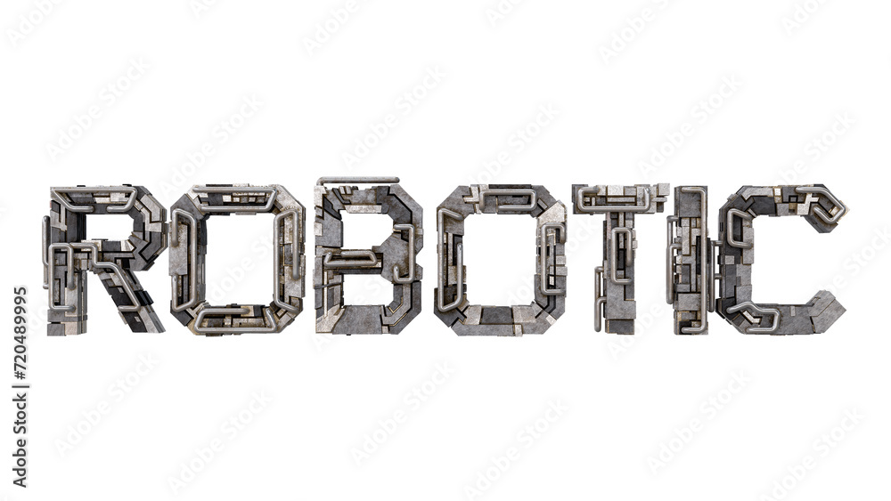 Letters of the word robotic metallic typography, built with mechanical ...