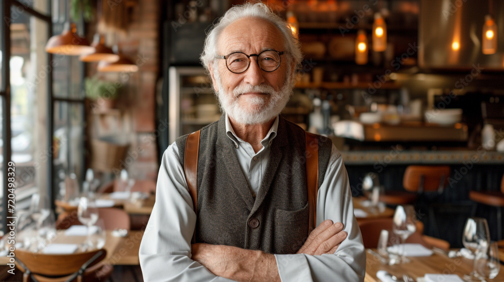 Design a picture of a senior entrepreneur in the hospitality business ...
