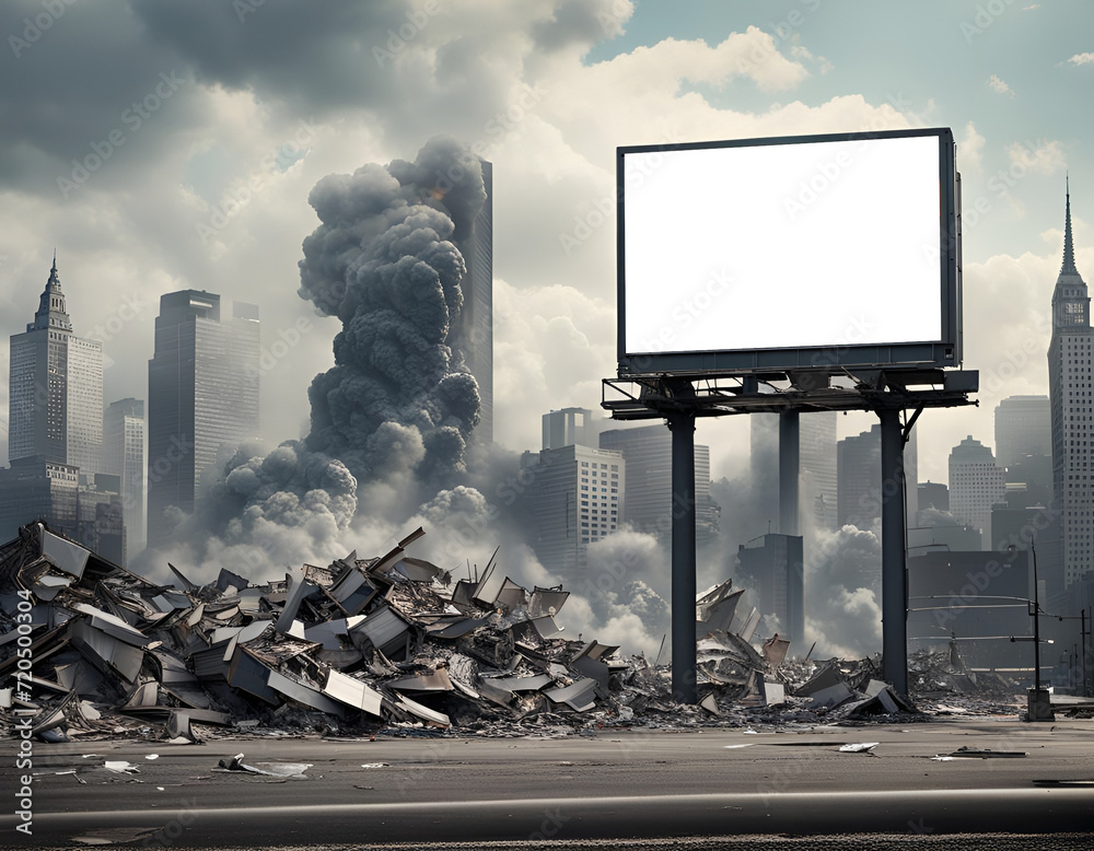 blank billboard and ruined city disaster zone Stock Photo | Adobe Stock