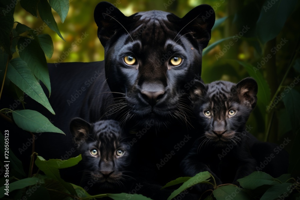 mother panther with her young ones. litter of black kittens. female and ...