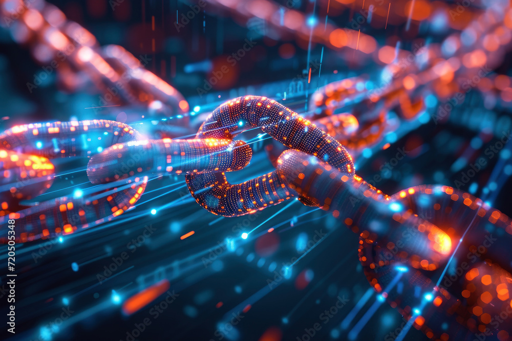 An abstract artistic representation of blockchain, featuring chains and interconnected blocks ...