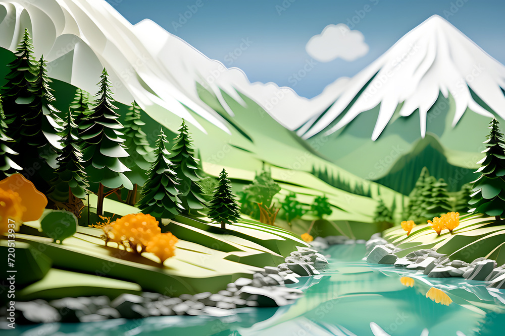 3D Papercut art of nature scene Papercraft snowy mountain river forest ...