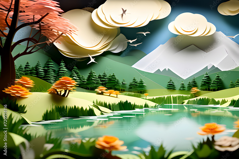 3D Papercut art of nature scene Papercraft snowy mountain river forest ...