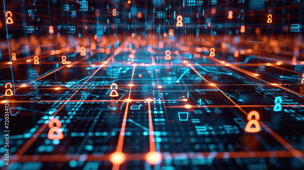 Illustrating network security, this image features a network grid overlaid with binary code and ...