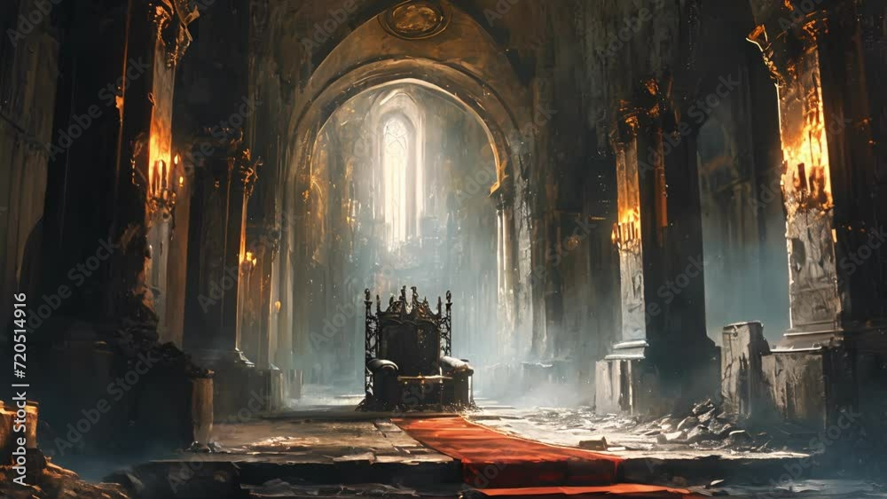 A lone throne sits at the center of a dilapidated throne room, a symbol ...