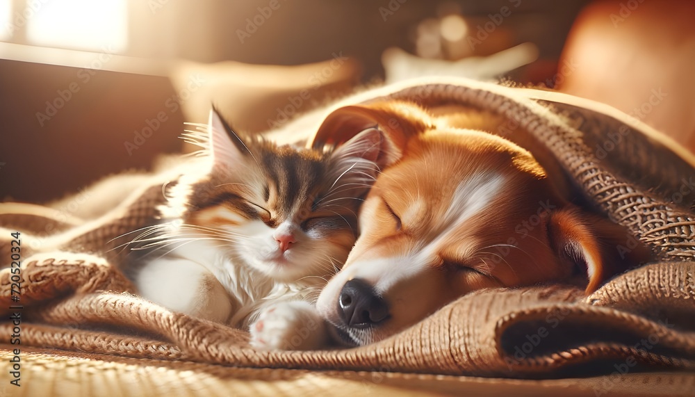 Charmant chien et chat tigré, animaux de compagnie, dorment ensemble ...