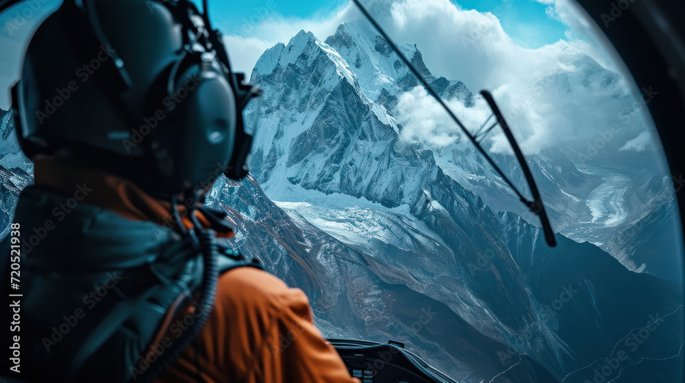 Helicopter cockpit flying on mountain landscape and cloudy sky, with ...