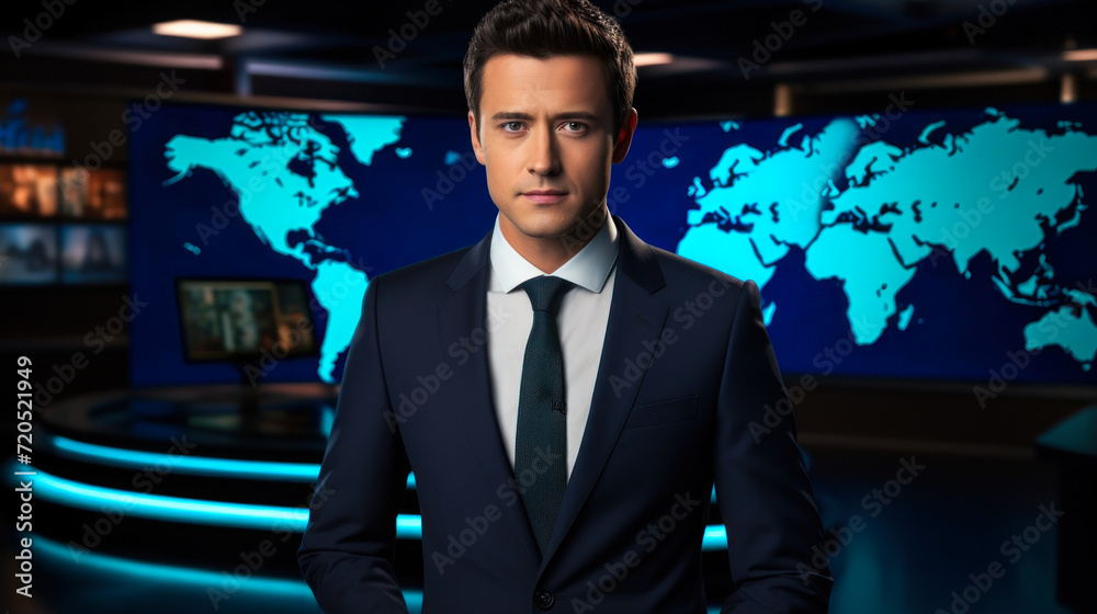 Confident male news anchor reporting live from the broadcasting studio ...