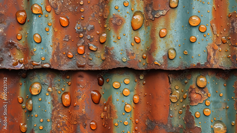 Traces of rain drops texture with long stripes of rust created in the ...