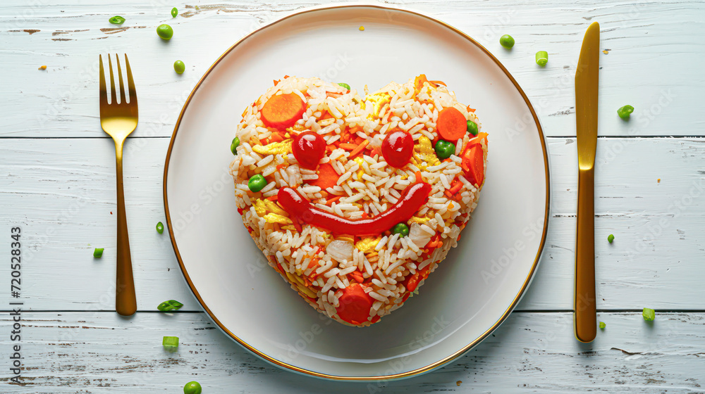 Heart-Shaped Vegetable Rice on White Plate.Heart-shaped vegetable rice ...