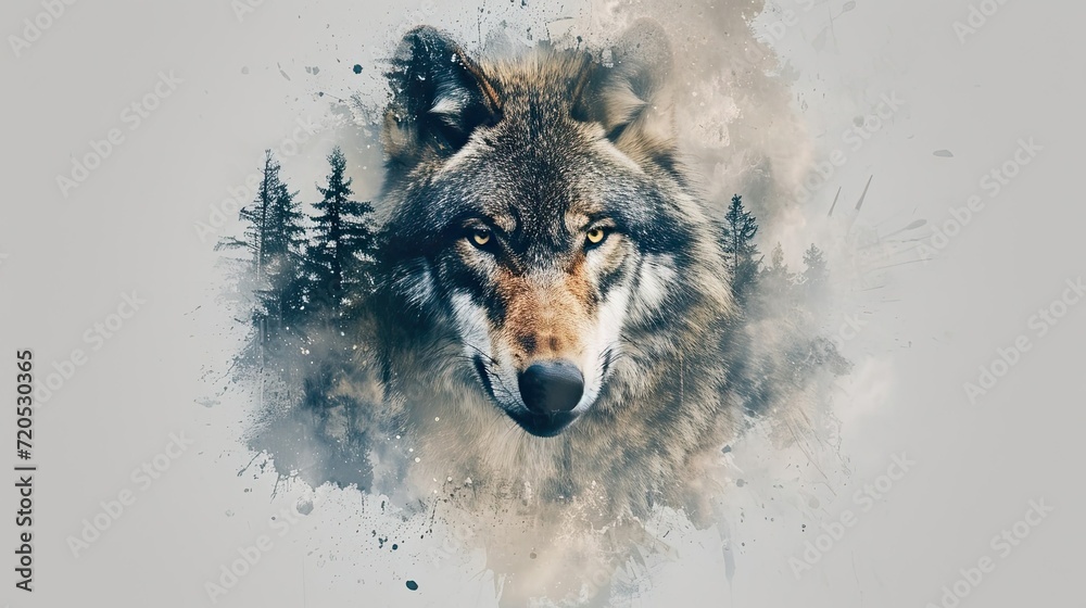 Silhouette of wolf in misty forest. Effect of overlapping frames ...