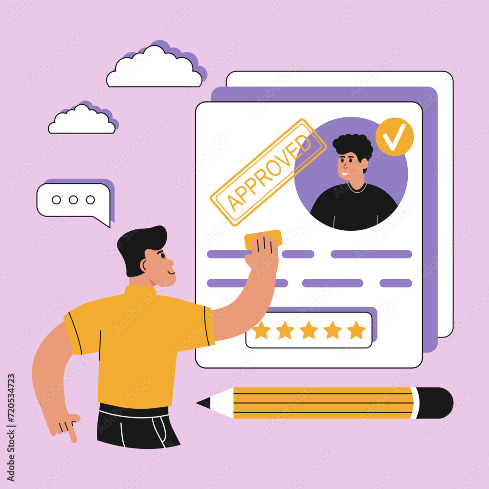 Hiring illustrations. The manager approves the new employee for the ...
