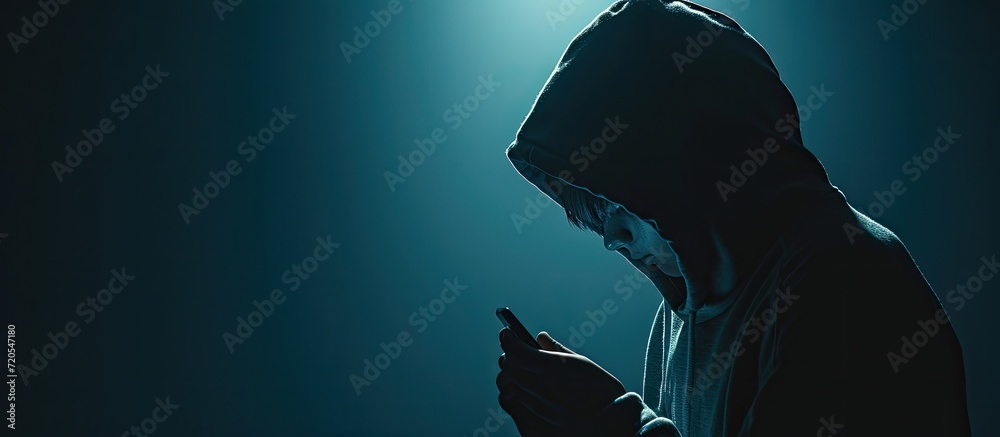 The image portrays a shadowy hacker, concealed by a hood, brandishing a ...