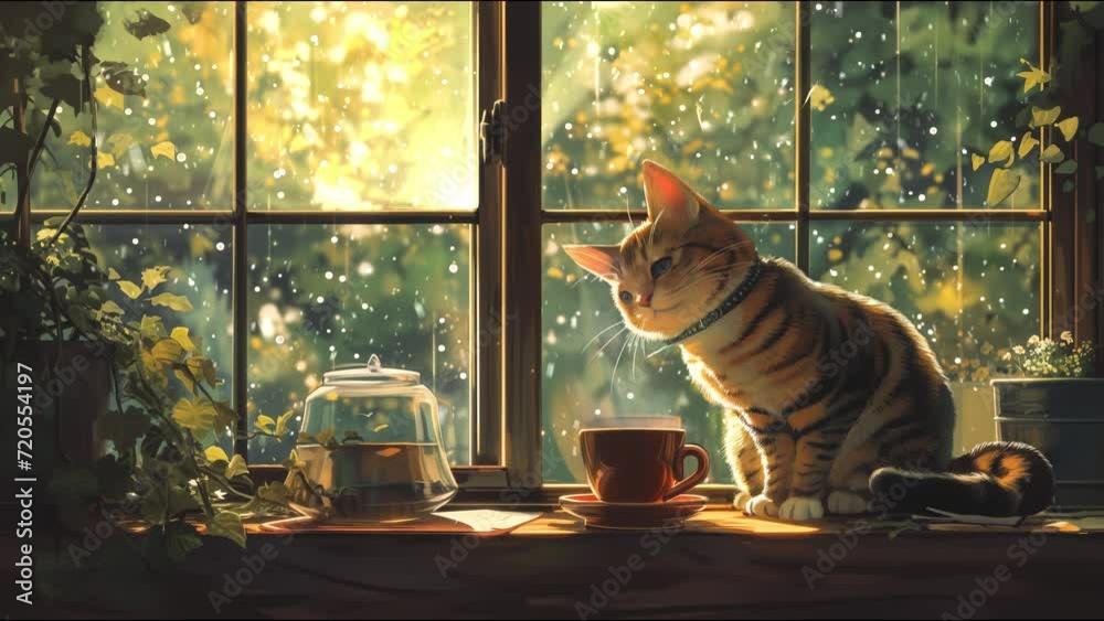 An enchanting tabby cat sits peacefully by the window, basking in the ...