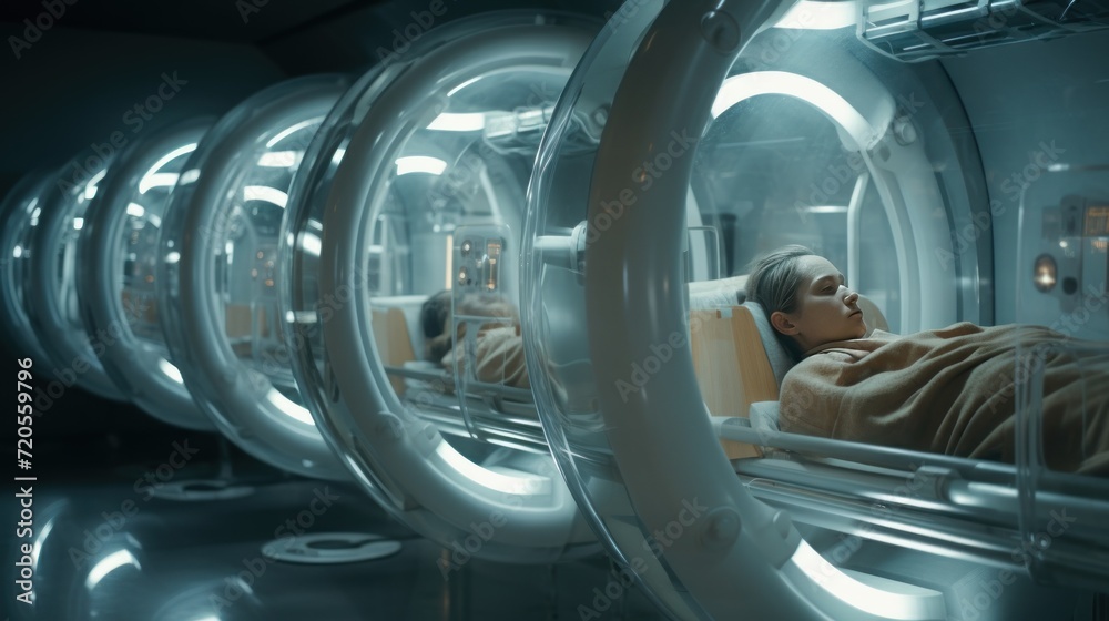 Team of astronauts in hypersleep anabiosis chamber aboard the orbital ...