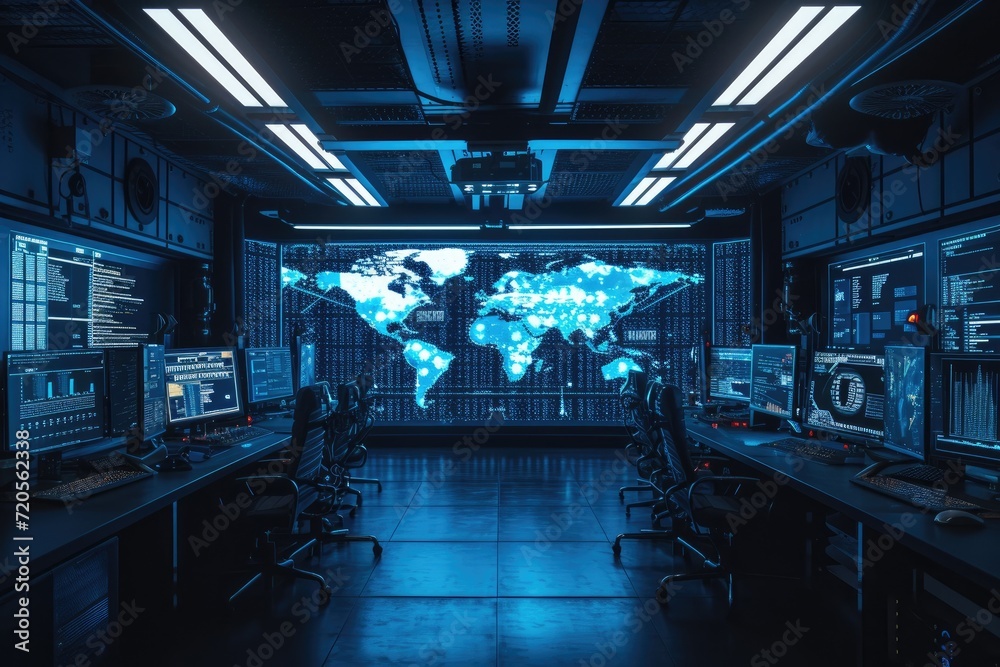 High-tech military operation center with world map displays. Futuristic ...
