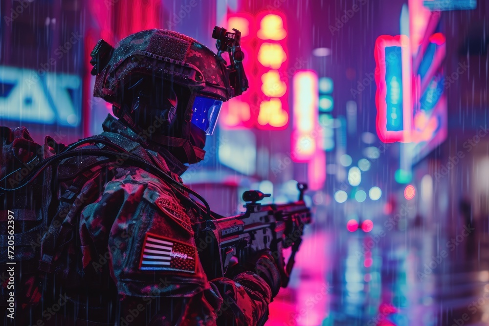 Soldier in camouflage with a rifle on a rainy night. Night urban ...