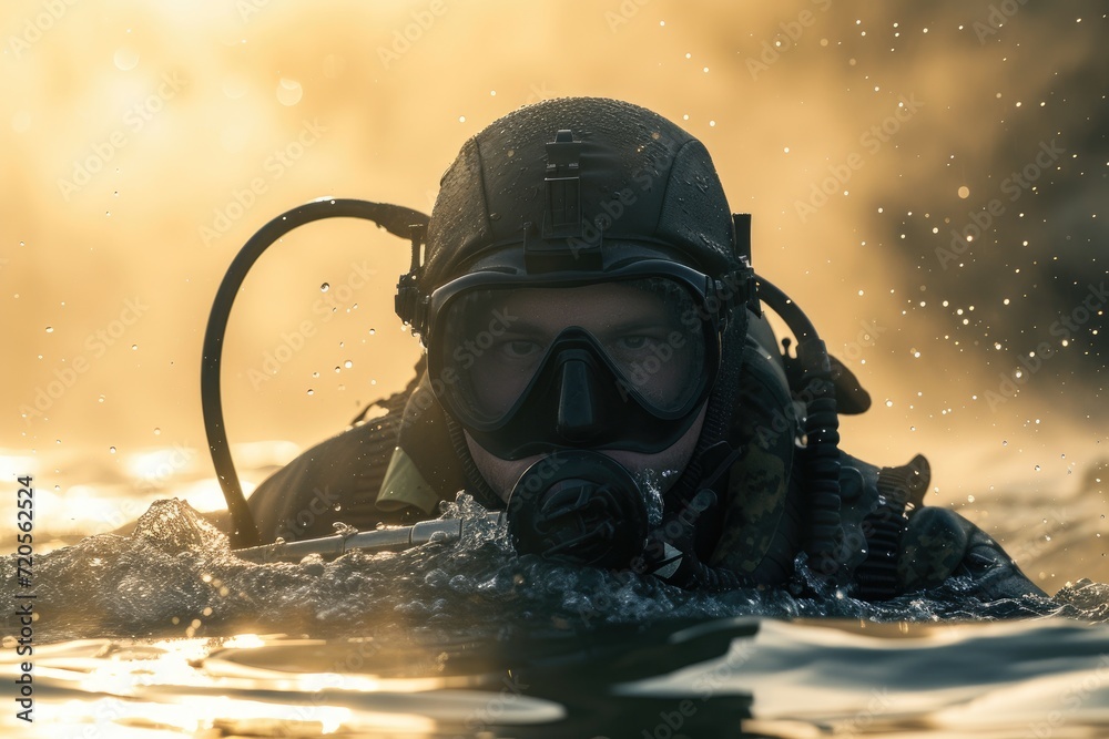 Military diver emerging from the water at sunset. Counter-terrorism and ...