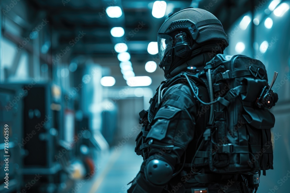 Tactical unit member in a modern industrial hallway on alert. Counter ...