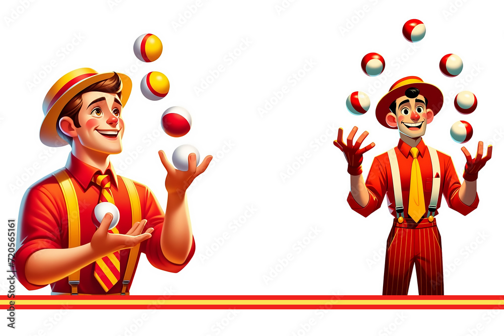 A male juggler in clown costume juggle balls. Jugglers day, jugglers perform a circus trick ...