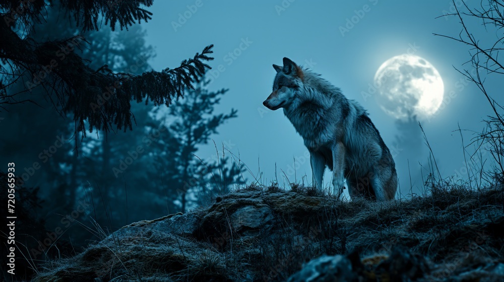 A majestic grey wolf with glowing eyes is roaming through a dark and ...