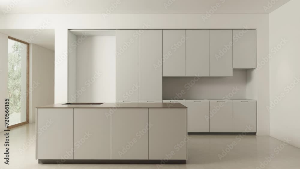An animation of a modern and spacious kitchen with a large island ...