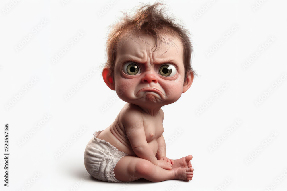 full body Funny Portrait of surprised angry sitting newborn baby with ...